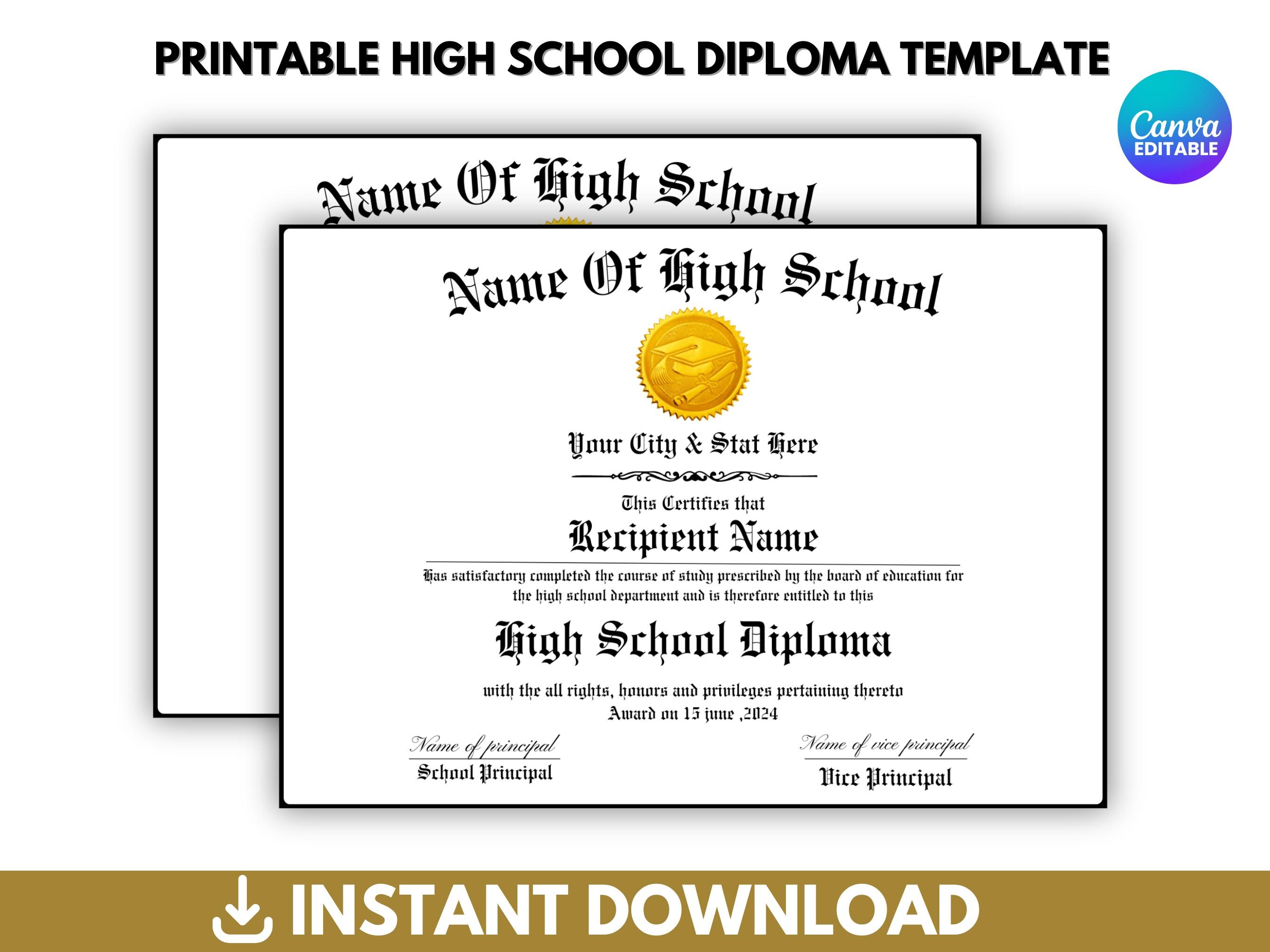 Editable High School Diploma Template, Graduation Gift Diploma ...