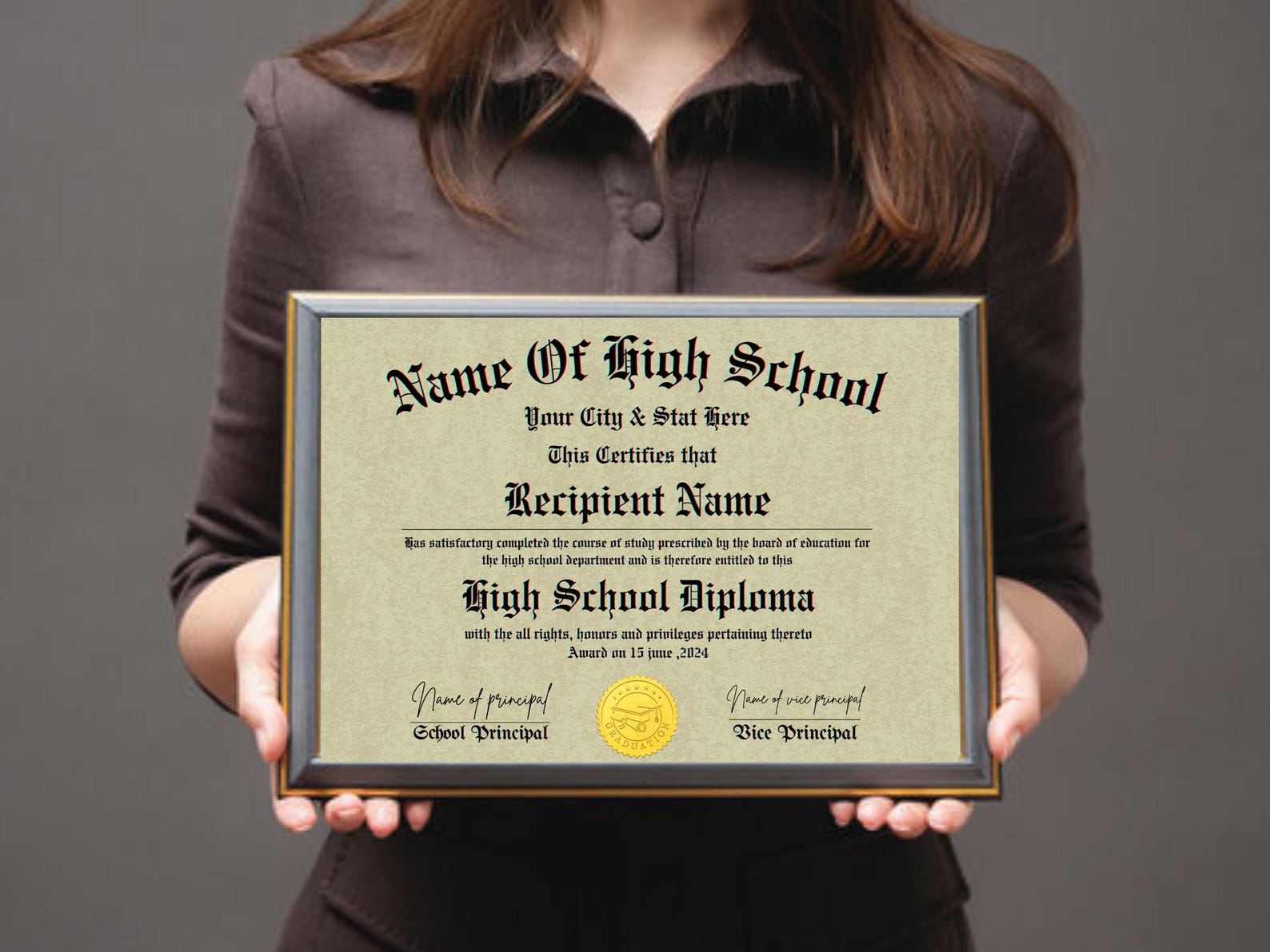 Editable High School Diploma Template, Diploma Replica Template ...