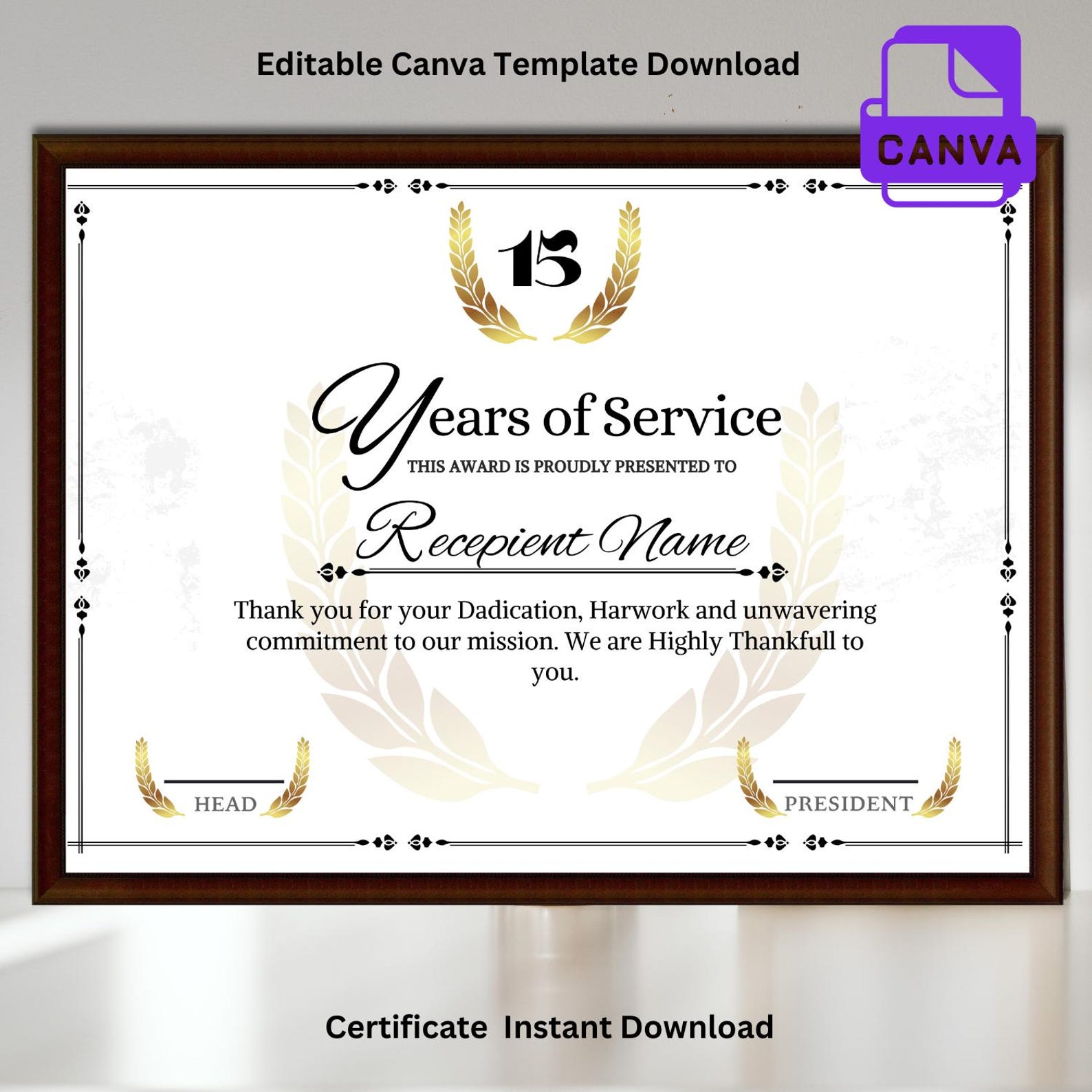 Editable Years of Service Award Certificate, Employee Work, Anniversary ...