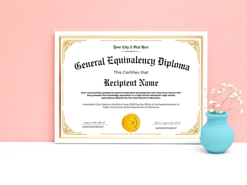 Printable GED Diploma Template, High School Diploma, School Equivalency ...
