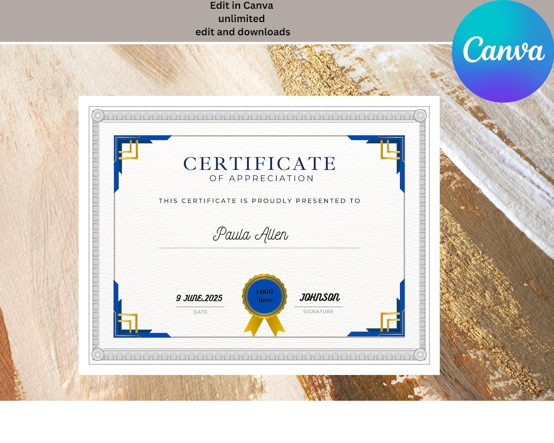 Digital Editable Logo Certificate of Appreciation Template, Printable ...