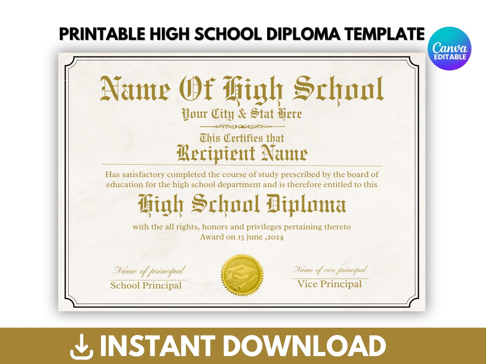 Printable High School Diploma Template, High School Diploma, School ...