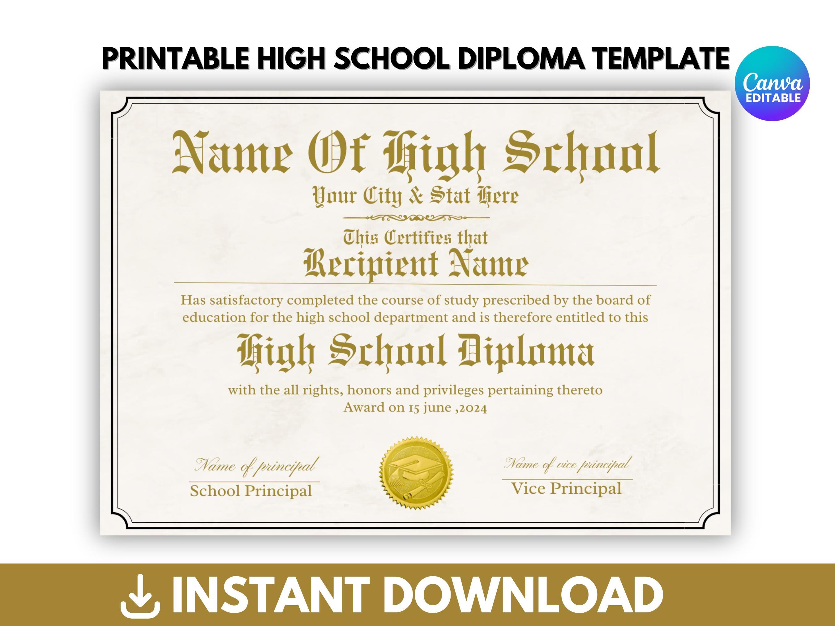 Printable High School Diploma Template, High School Diploma, School ...