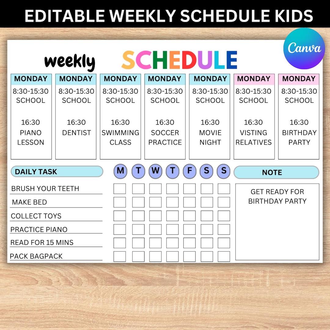 Editable Weekly Schedule Kids, Kids Weekly Planner, Printable Template ...
