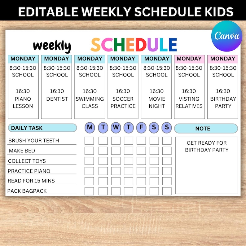 Editable Weekly Schedule Kids, Kids Weekly Planner, Printable Template ...