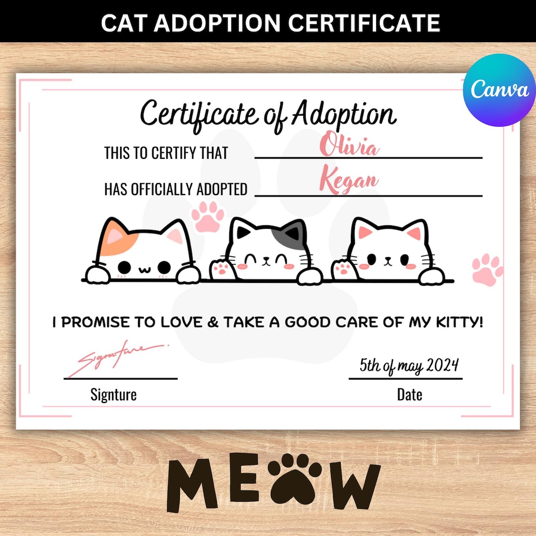 Editable Cat Adoption Certificate Template, Kitty Cat Pet Birthday ...