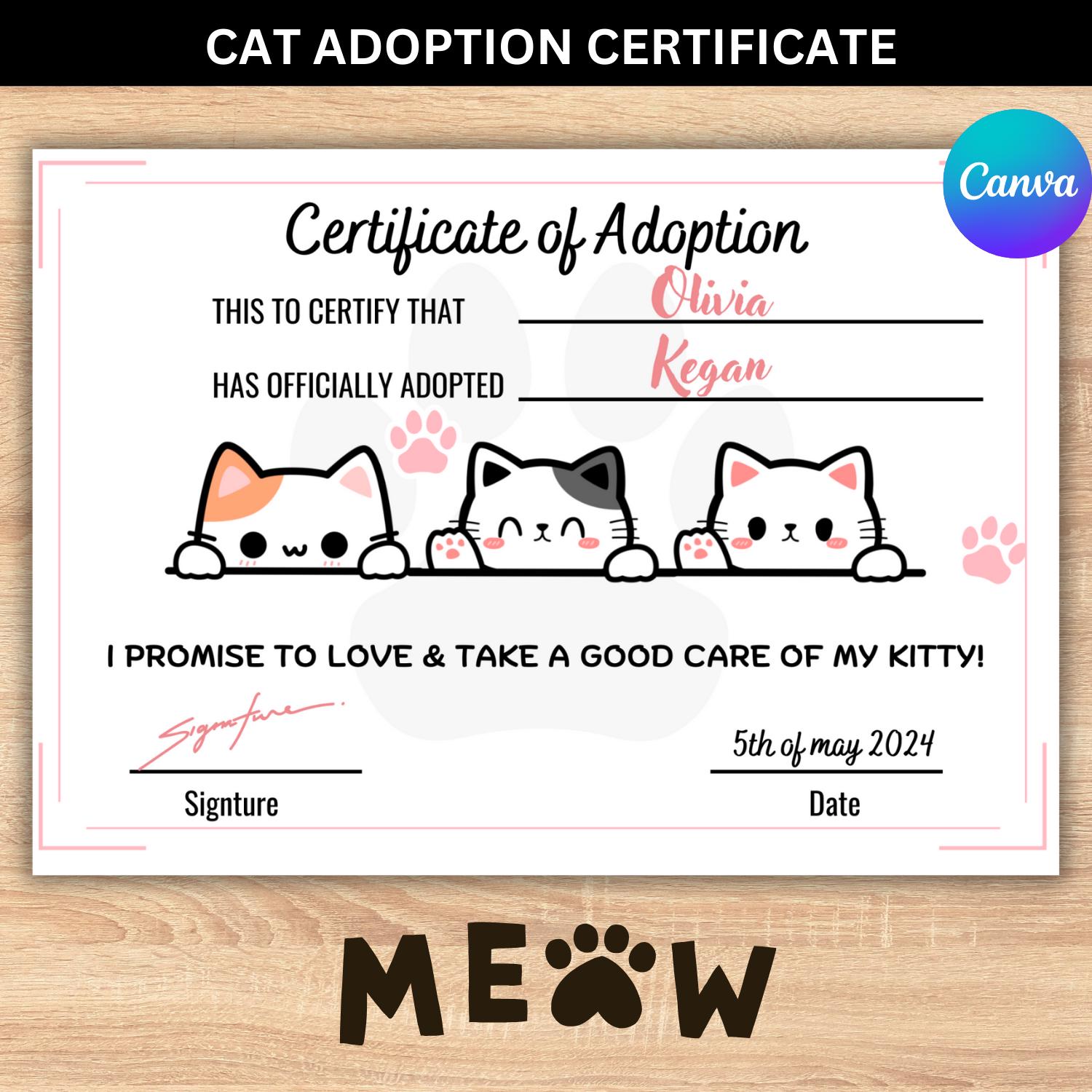 Editable Cat Adoption Certificate Template, Kitty Cat Pet Birthday ...
