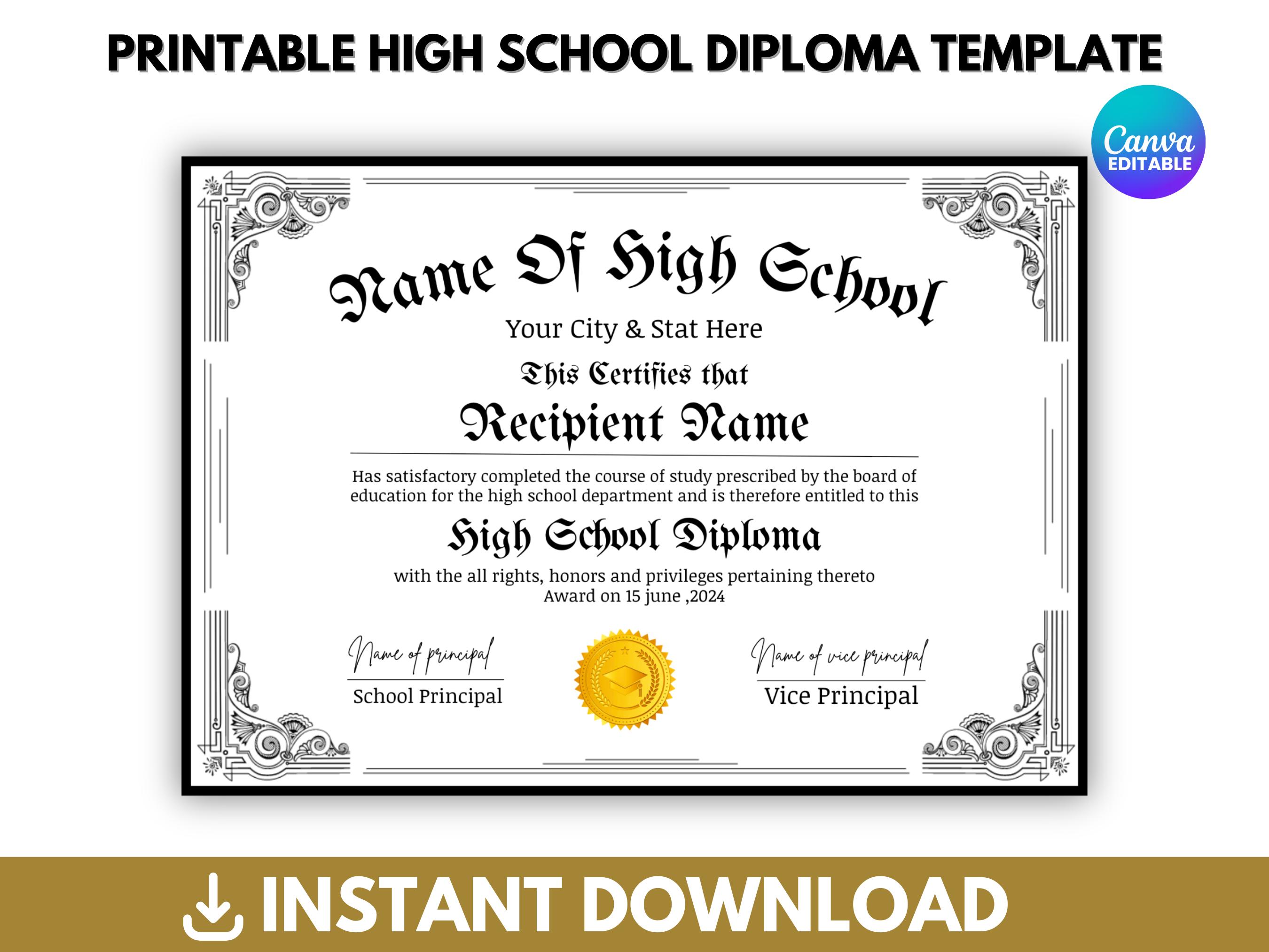 Printable High School Diploma Template, Homeschool Diploma Template ...
