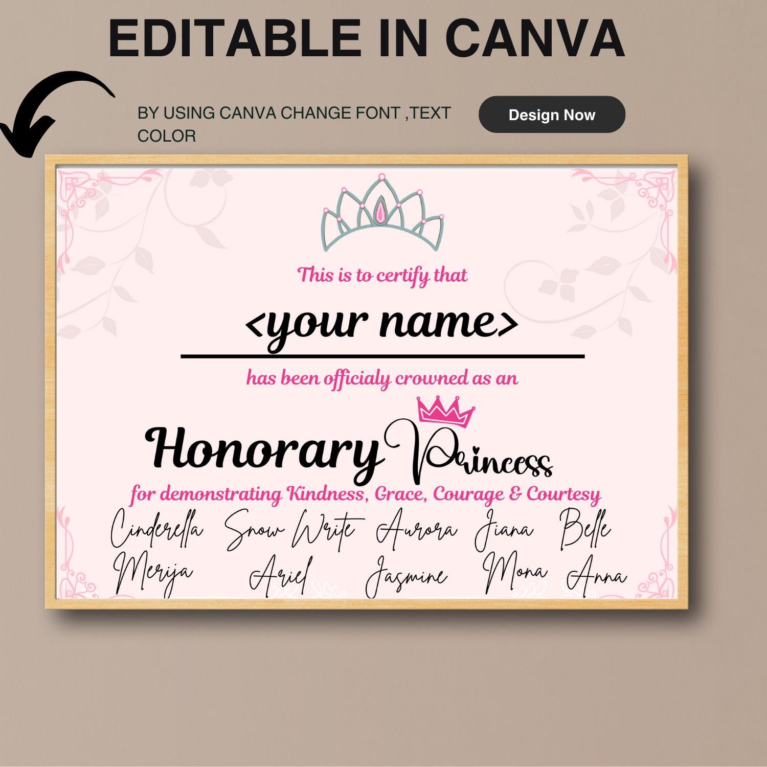Princess Certificate Template, Party Favors, Customizable Certificate ...