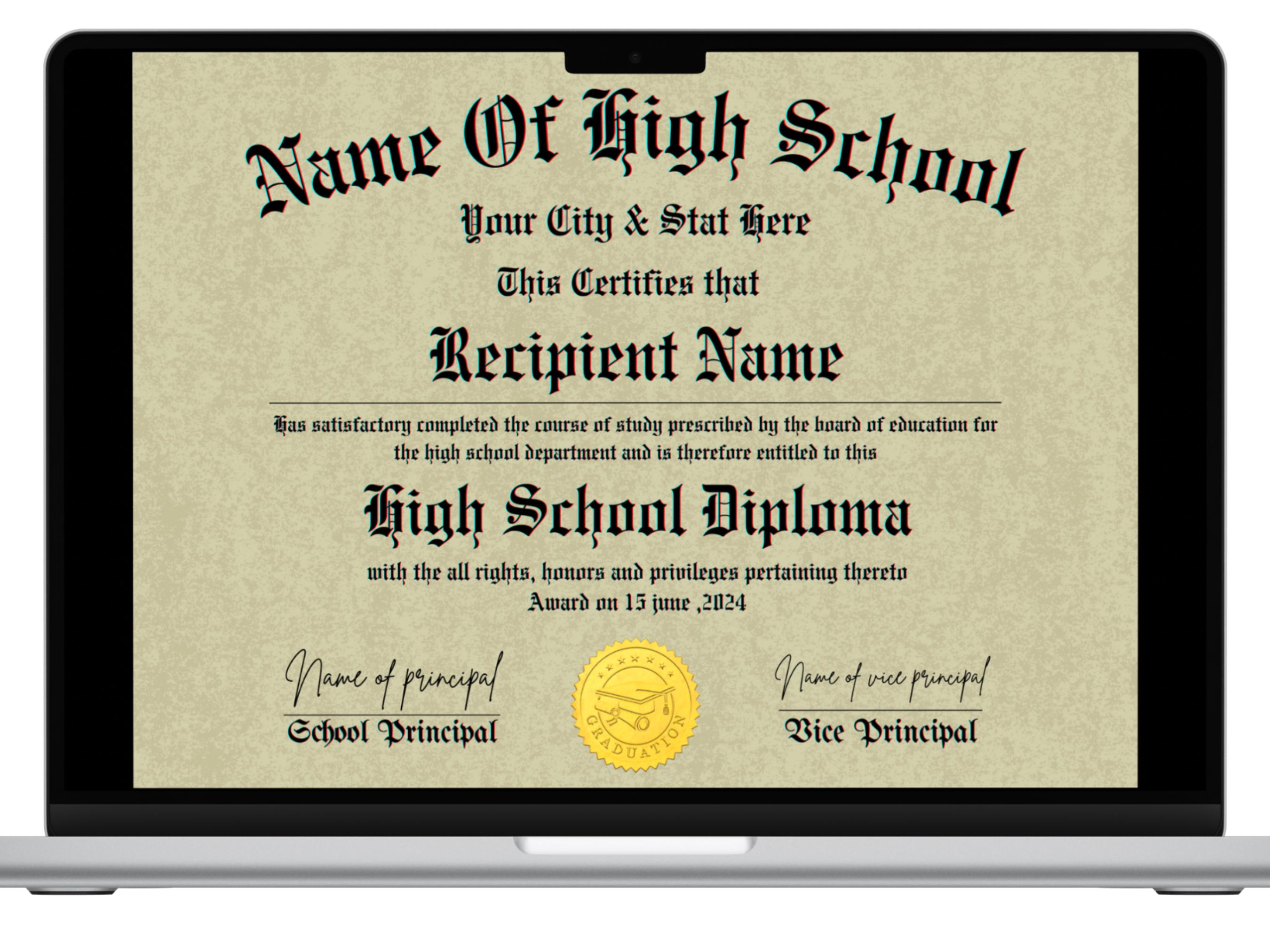 Editable High School Diploma Template, Diploma Replica Template ...