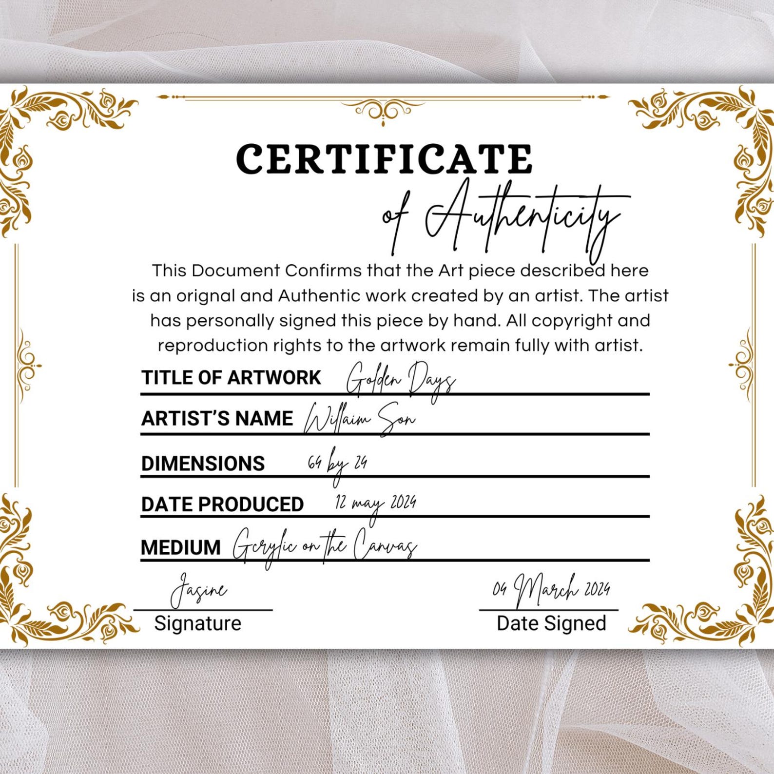 Editable Certificate of Authenticity for Art Work Template, Printable ...