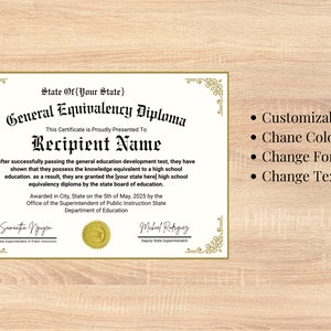 Printable GED Diploma Template, High School Diploma, School Equivalency ...