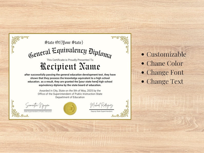 Printable GED Diploma Template, High School Diploma, School Equivalency ...