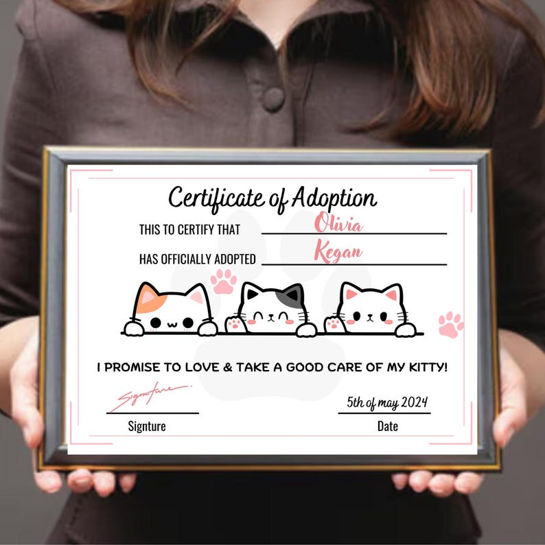 Editable Cat Adoption Certificate Template, Kitty Cat Pet Birthday ...