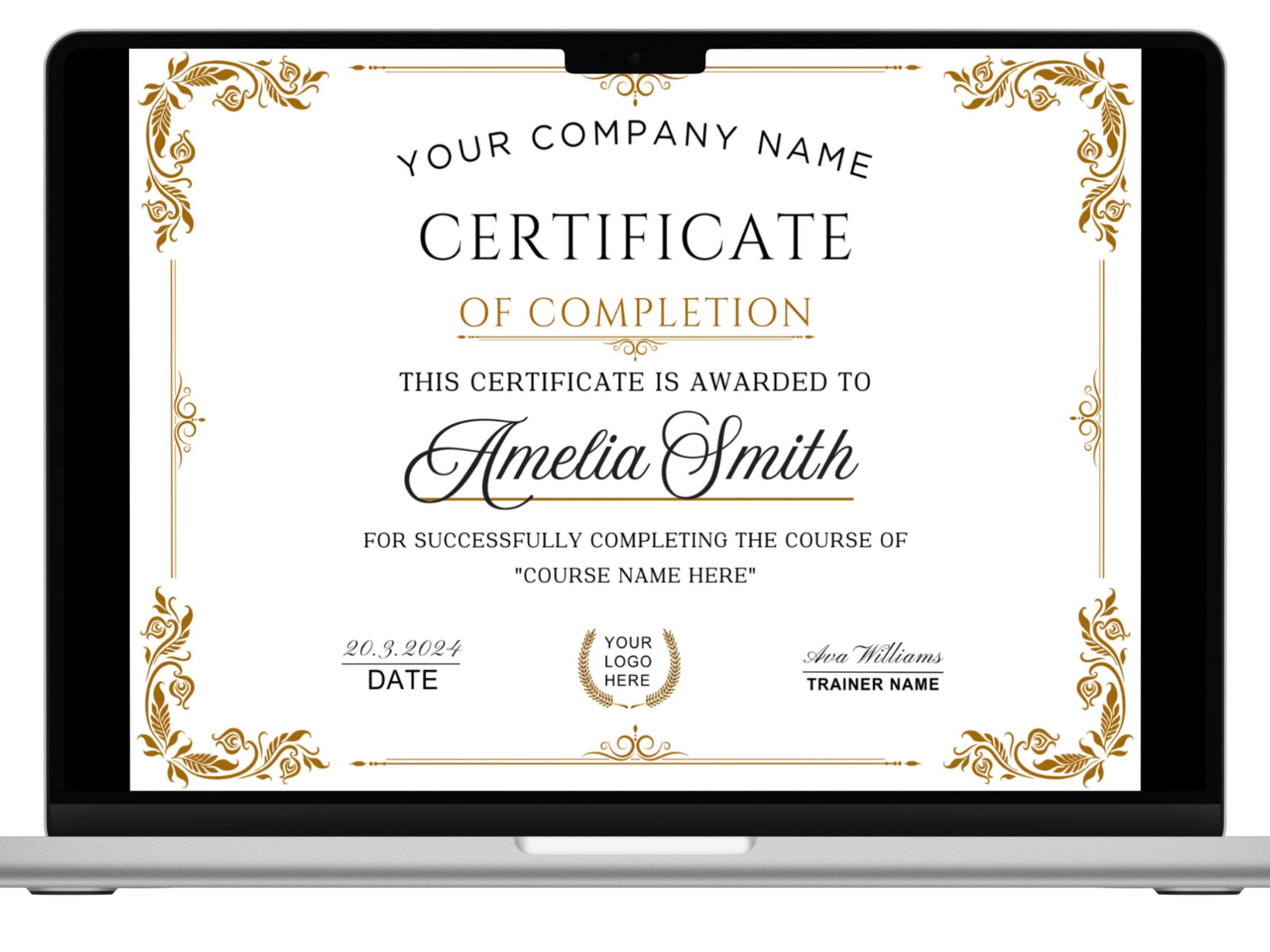 Editable Certificate of Completion, Printable Course Certificate of ...