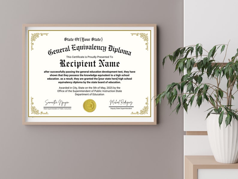 Printable GED Diploma Template, High School Diploma, School Equivalency ...