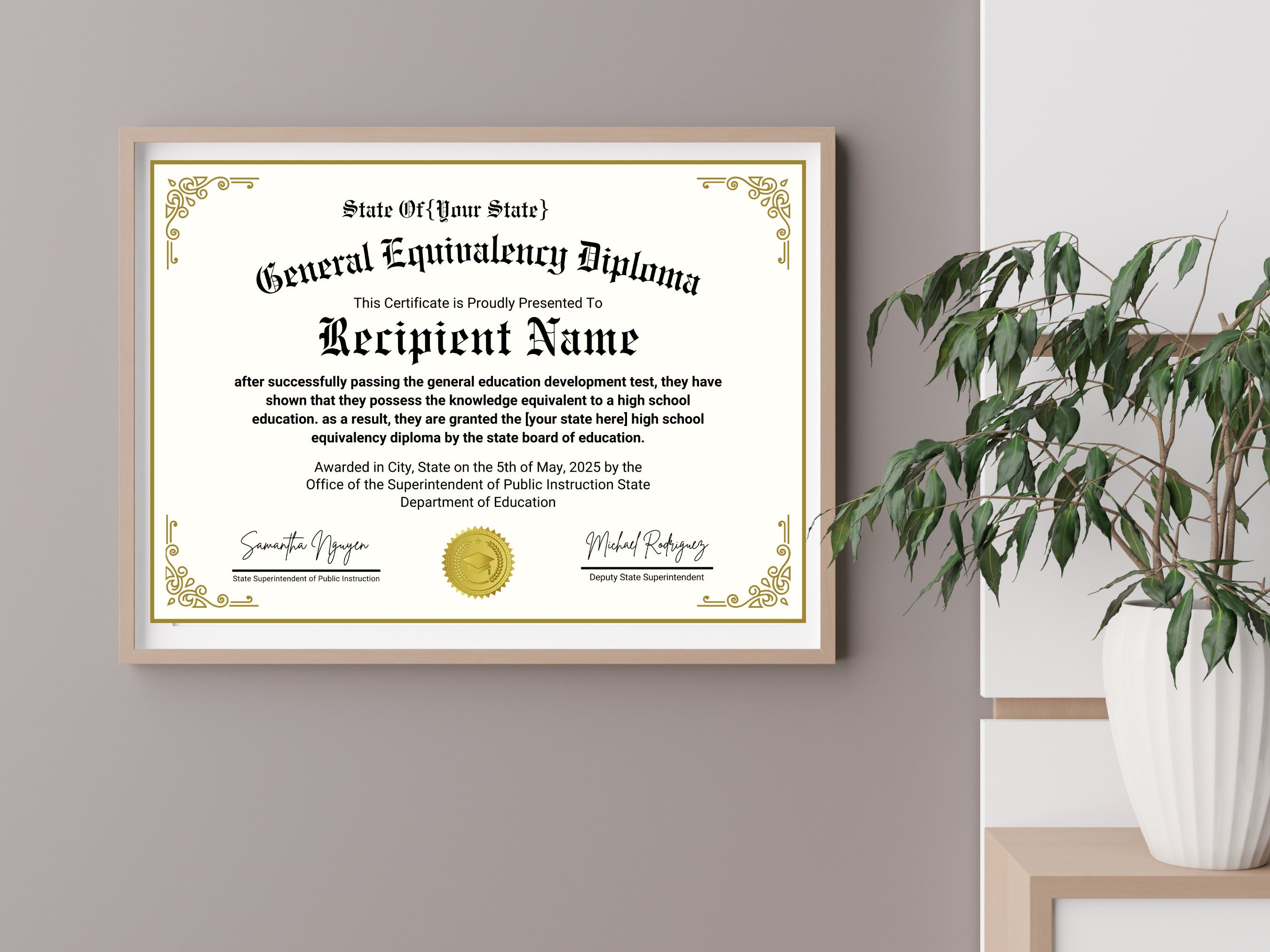 Printable GED Diploma Template, High School Diploma, School Equivalency ...