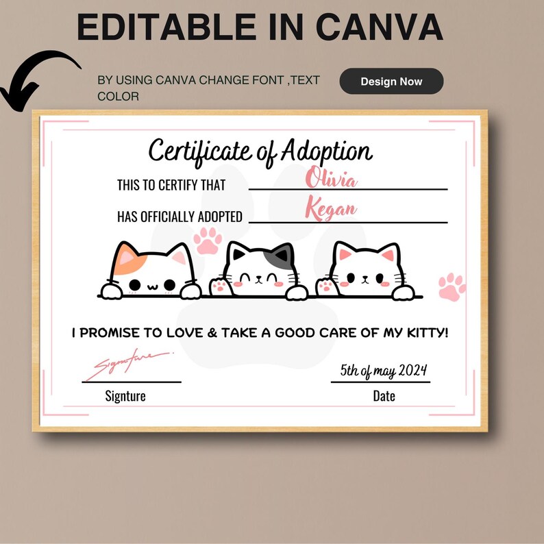 Editable Cat Adoption Certificate Template, Kitty Cat Pet Birthday ...