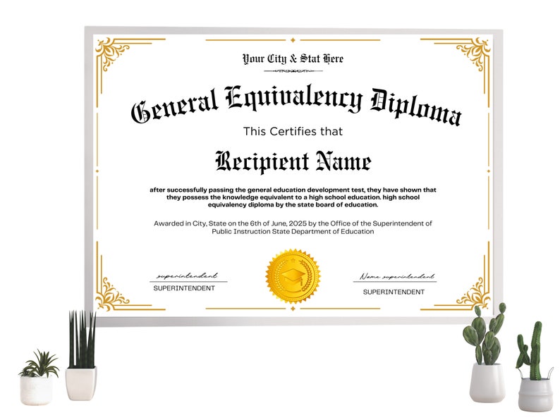 Printable GED Diploma Template, High School Diploma, School Equivalency ...