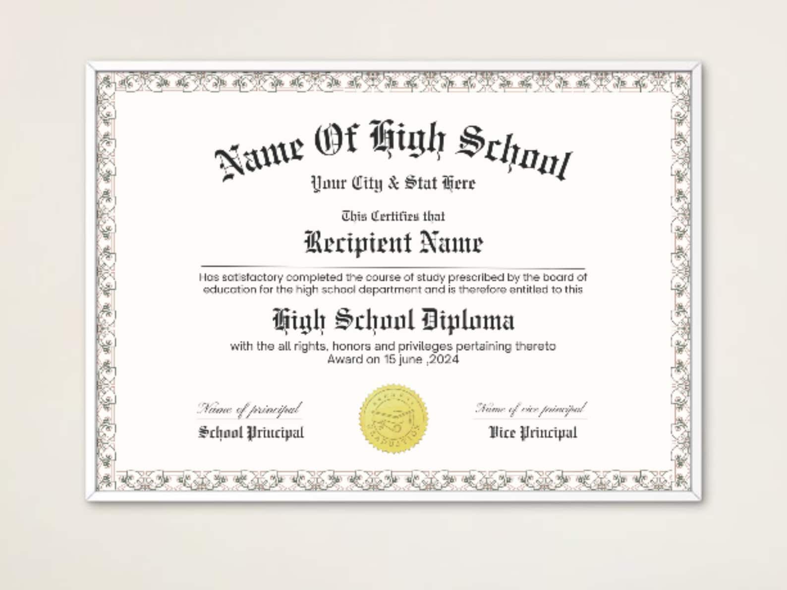 Printable High School Diploma Template, High School Diploma, School ...