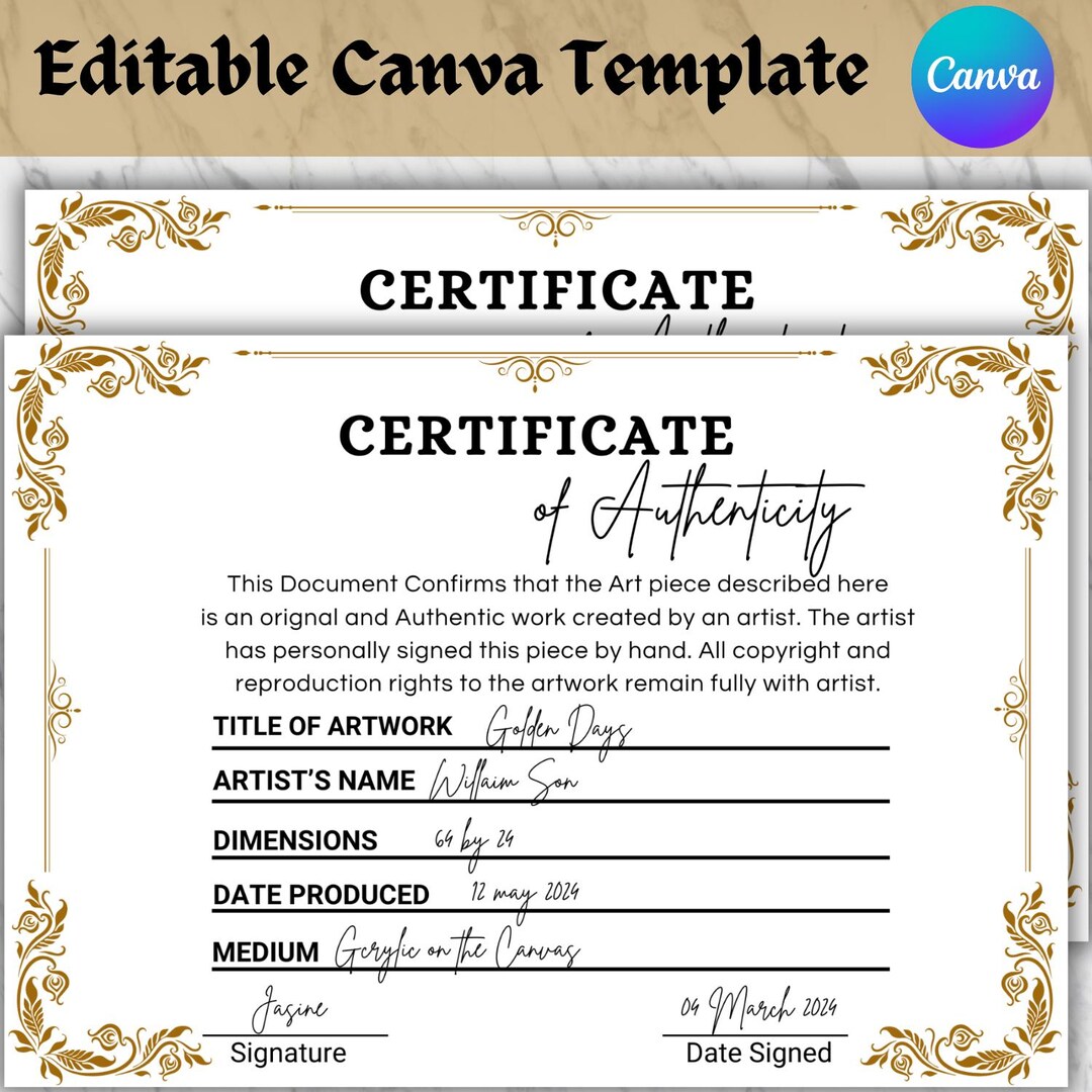 Editable Certificate of Authenticity for Art Work Template, Printable ...