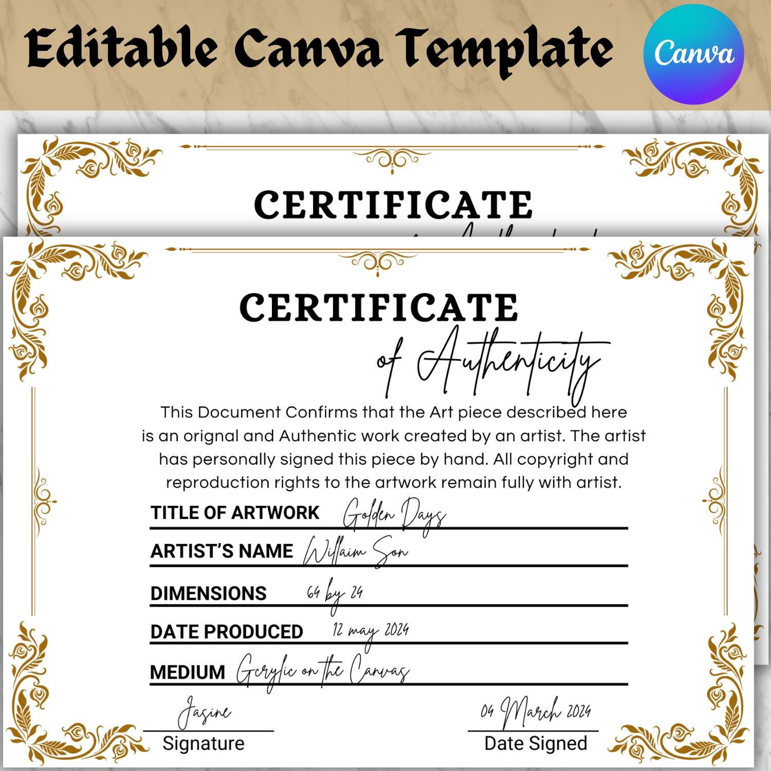 Editable Certificate of Authenticity for Art Work Template, Printable ...