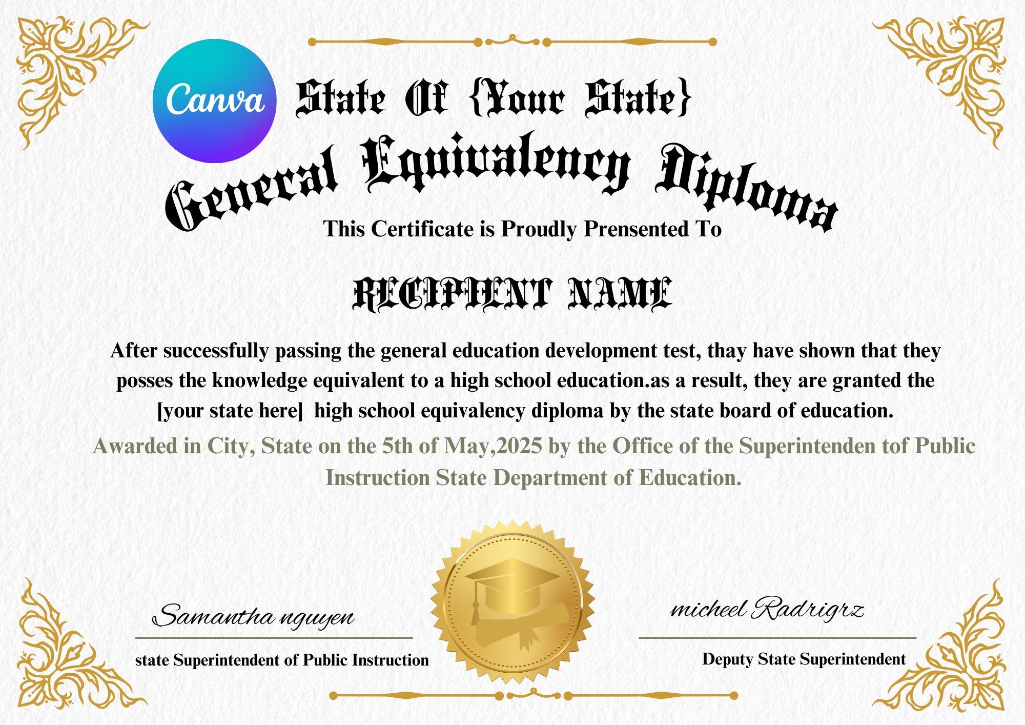 GED Diploma Certificate With Gold Seal, Canva Template, Graduation ...