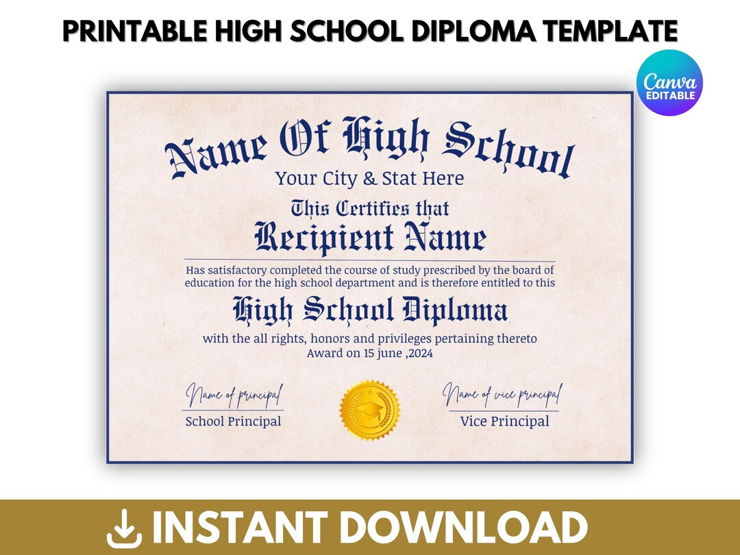Printable High School Diploma Template, Homeschool Diploma Template ...