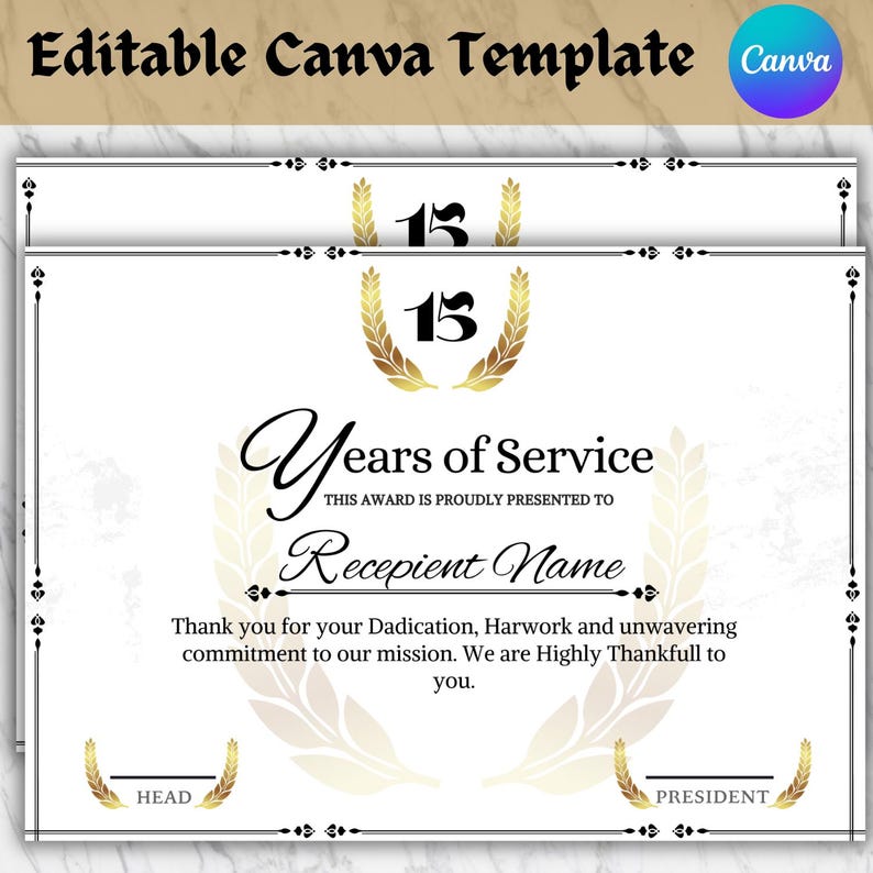 Editable Years of Service Award Certificate, Employee Work, Anniversary ...