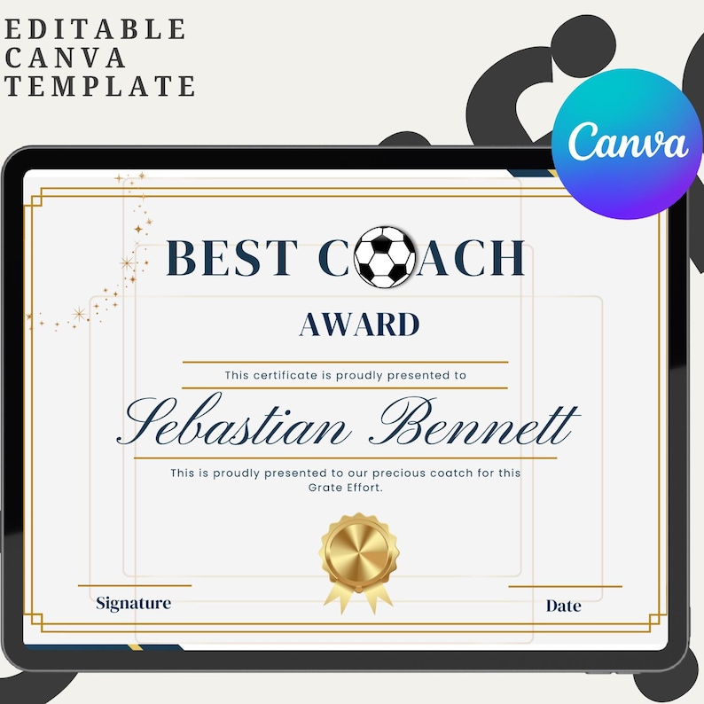 Editable Best Coach Certificate, Soccer Coach Certificate, Soccer Coach ...