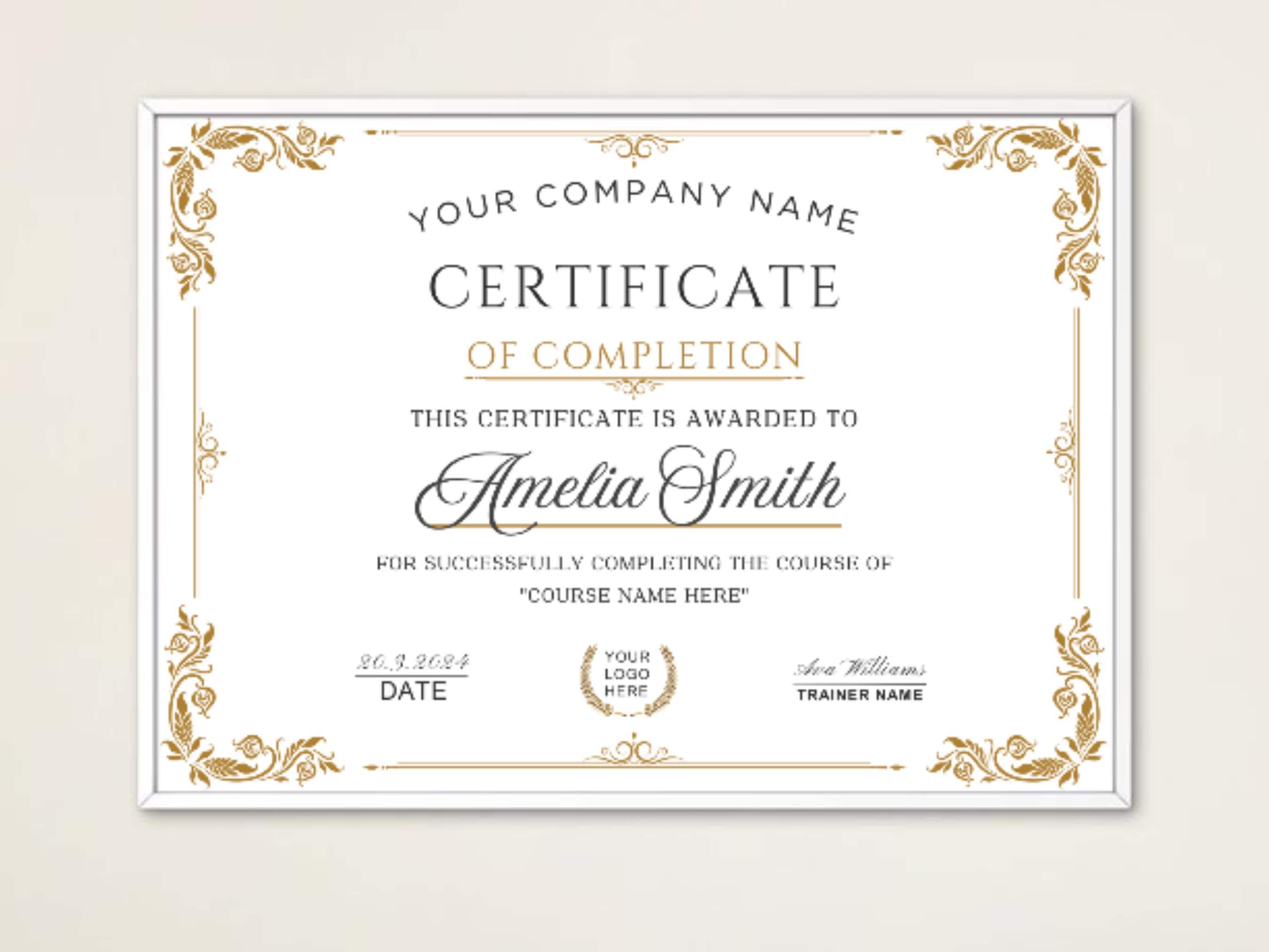 Editable Certificate of Completion, Printable Course Certificate of ...