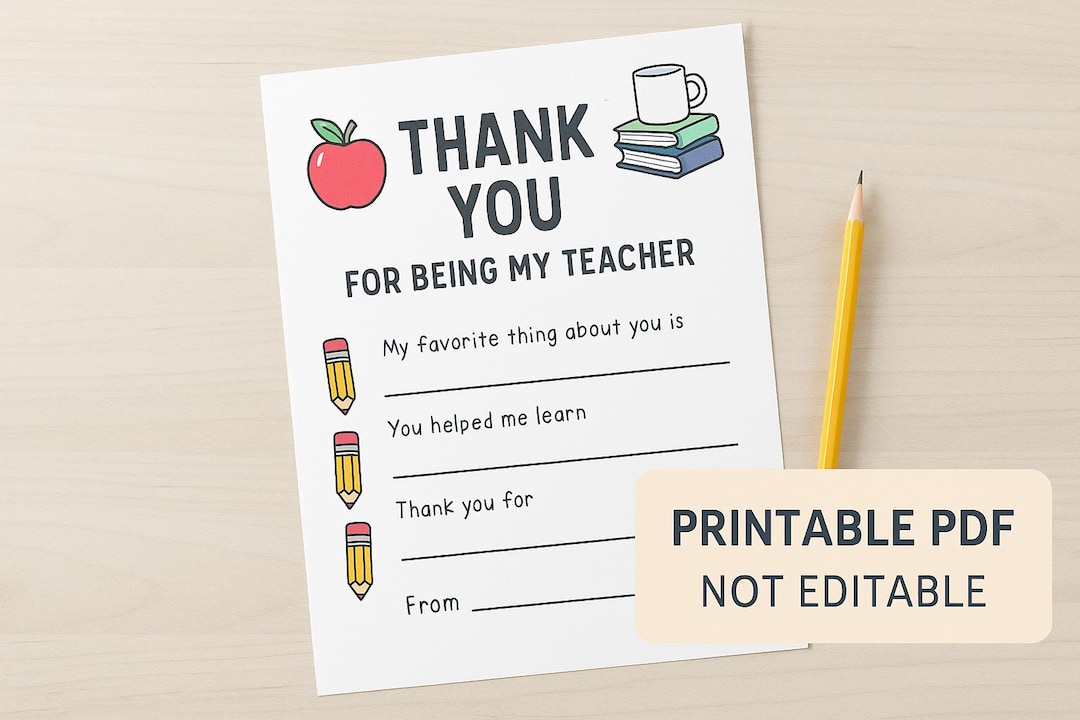 Printable Teacher Thank You Card – Editable PDF – End of Year ...