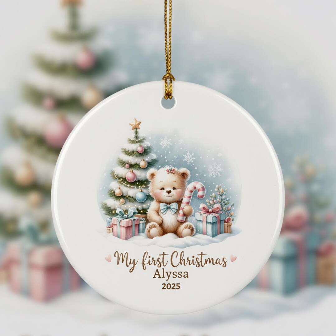 Personalized Baby Bear First Christmas Ornament, Watercolor Nursery Art ...