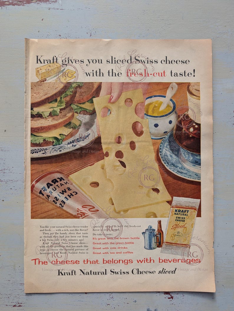Vintage 1950’s Kraft Swiss Cheese Advertisement - Etsy
