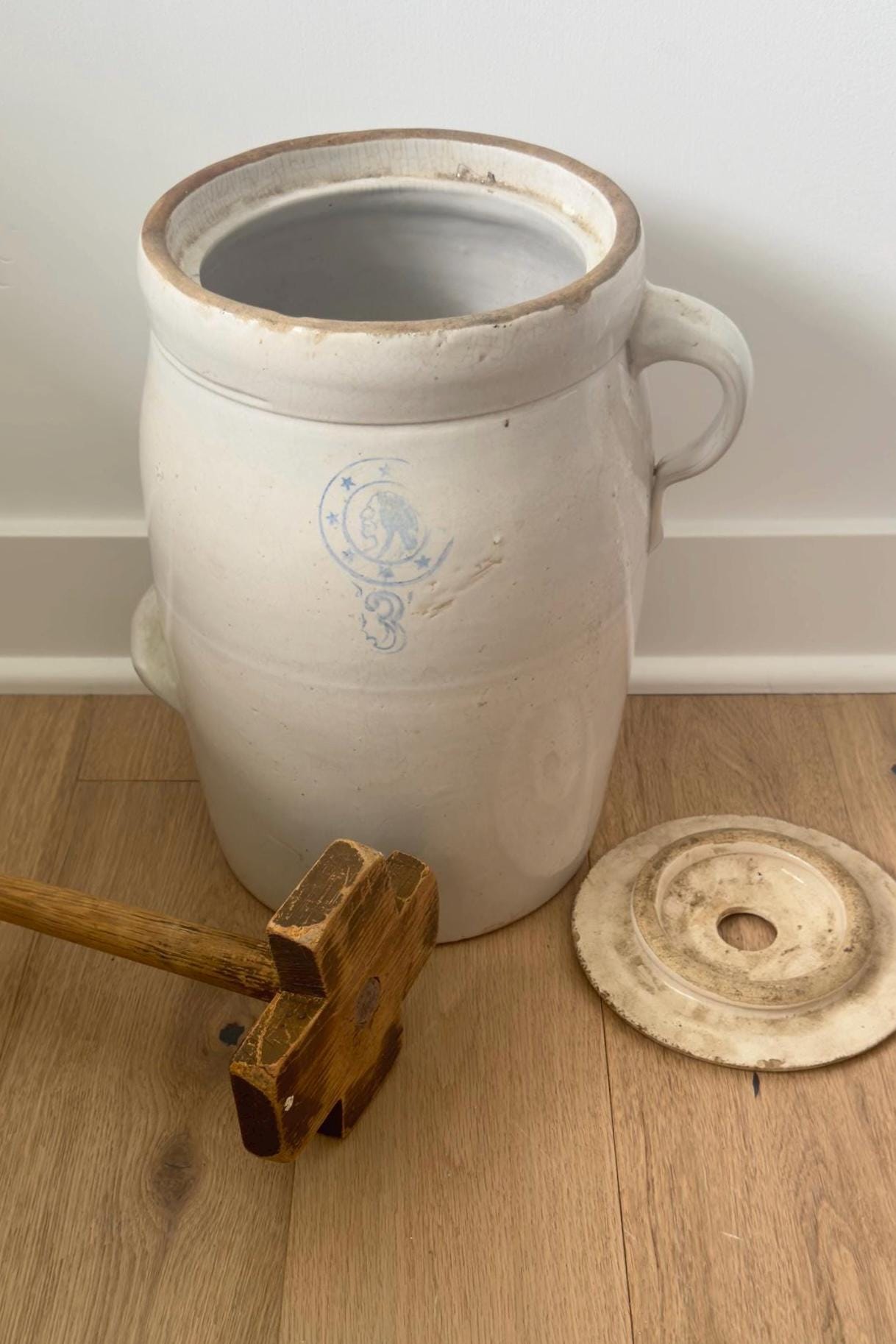 Antique Pottery Butter Churn: 3-gallon Blue Cherokee Indian Head Crock ...