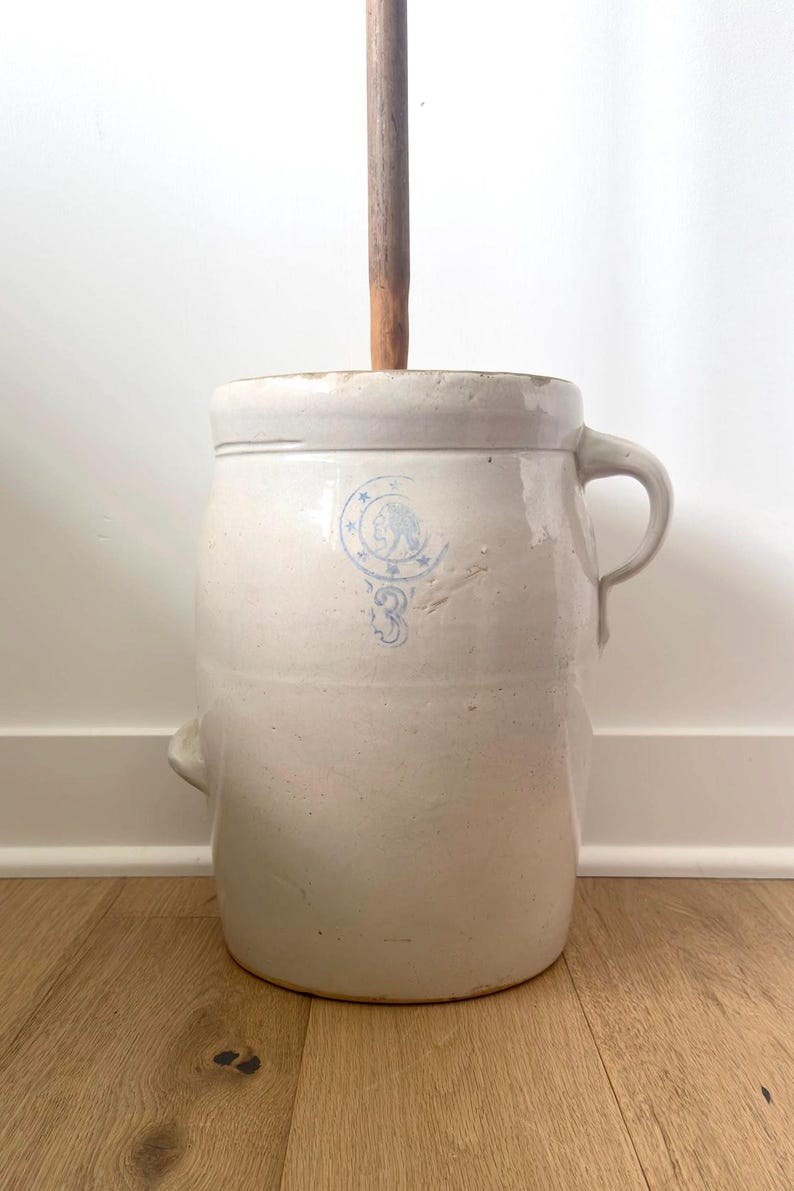 Antique Pottery Butter Churn: 3-gallon Blue Cherokee Indian Head Crock ...