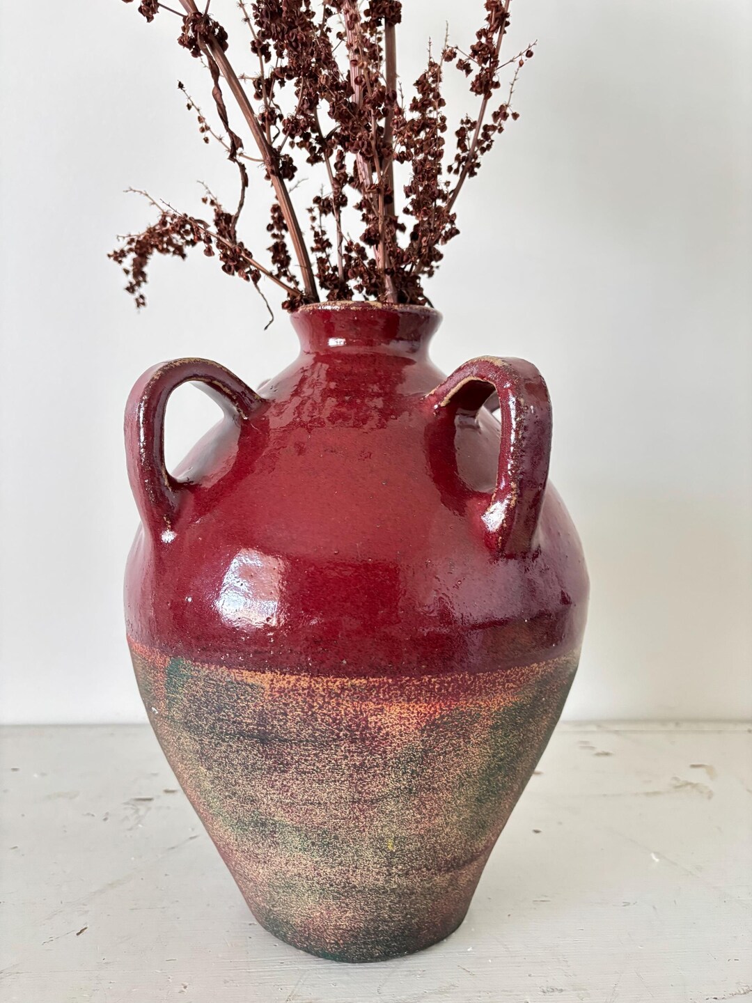 Burgundy 4 Handle Vase Vintage Primitive Salt Glazed Stoneware Vase ...