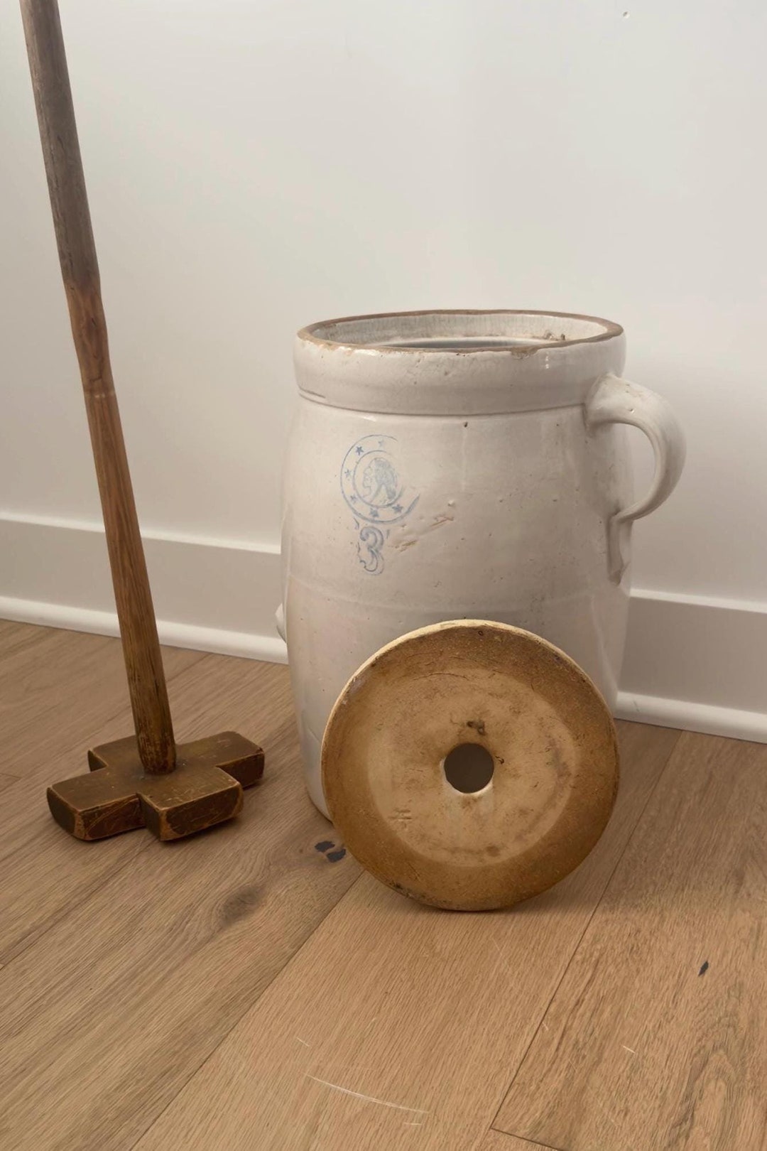 Antique Pottery Butter Churn: 3-gallon Blue Cherokee Indian Head Crock ...