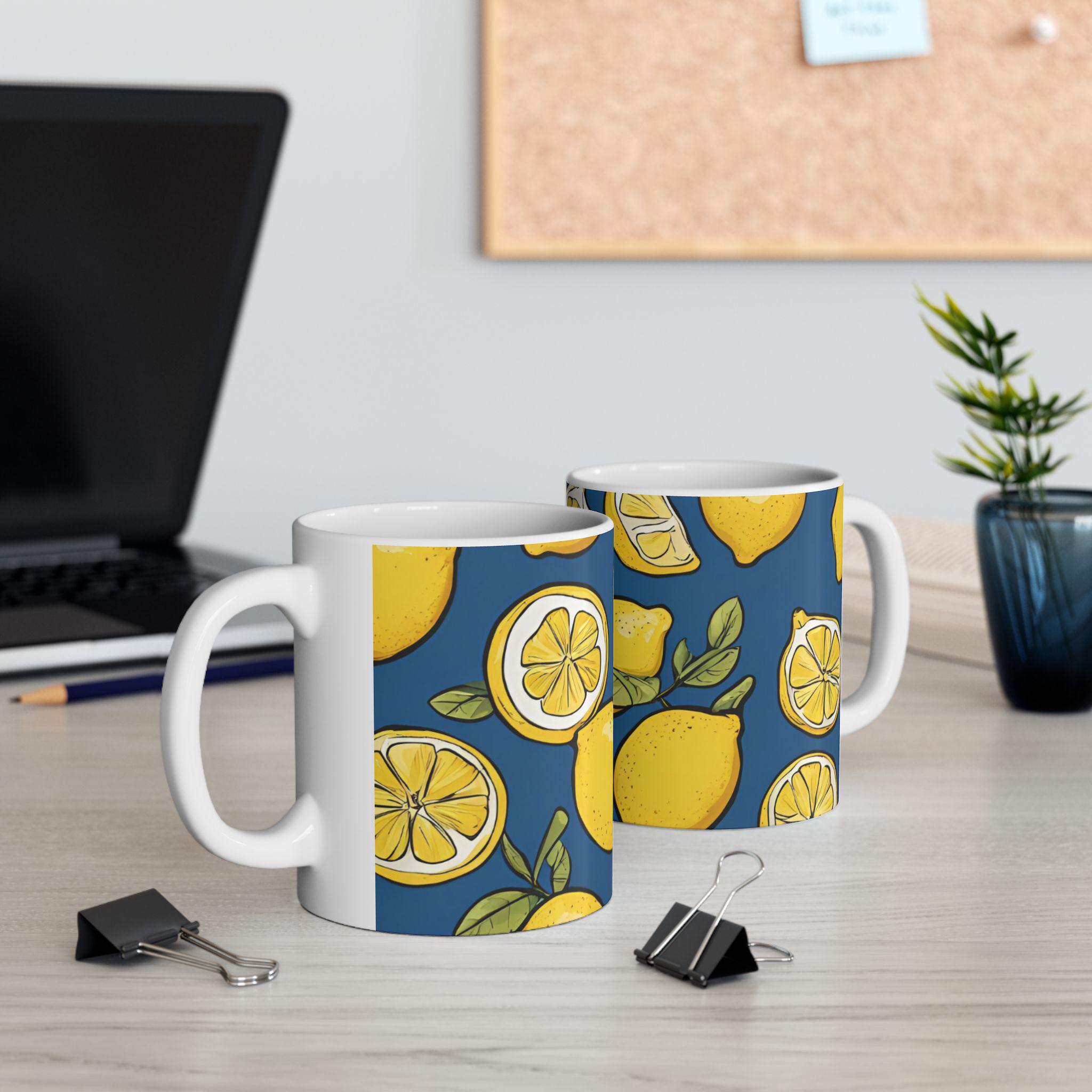 Ceramic Mug, Cute Cartoon Yellow Lemons With Blue Background, Lemon ...