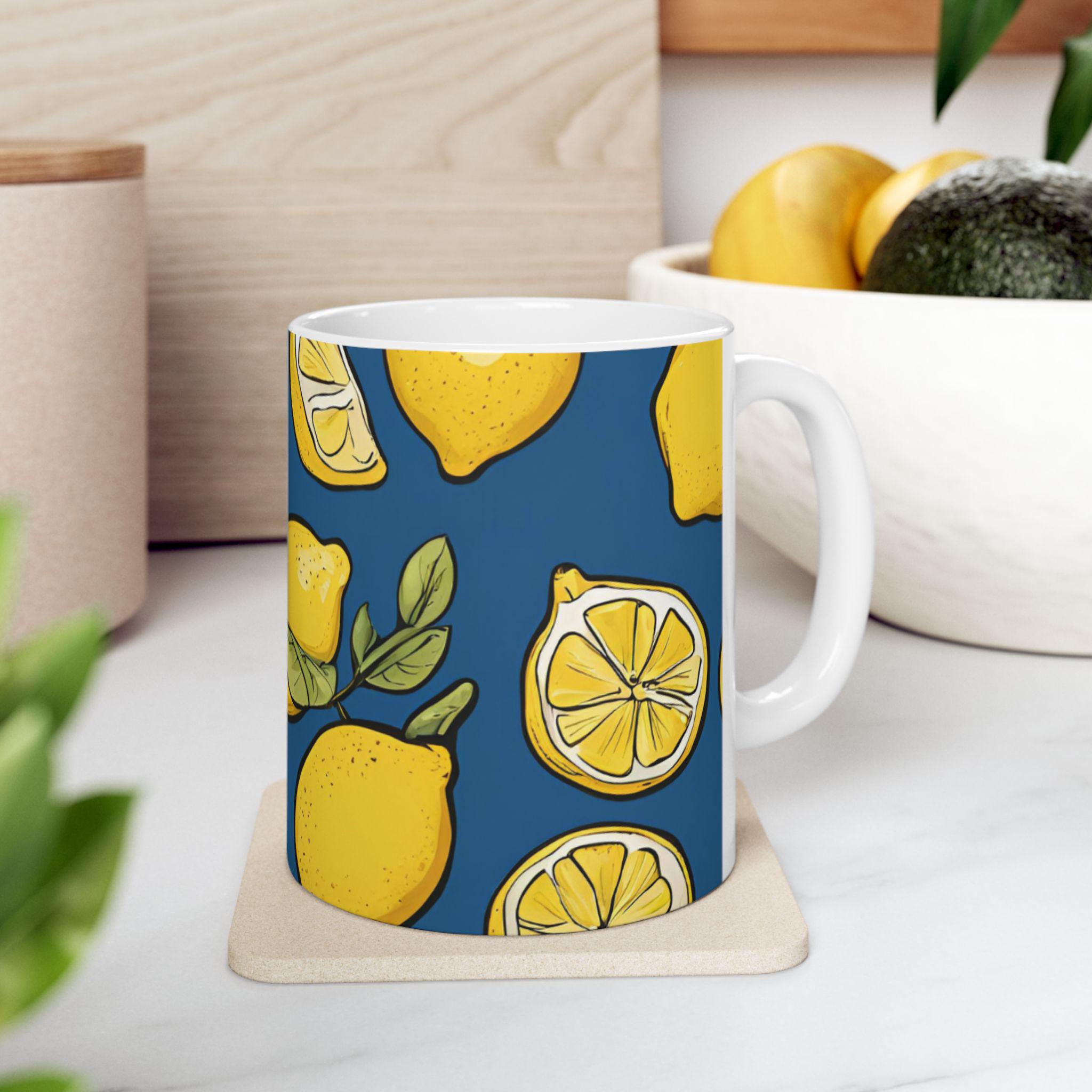 Ceramic Mug, Cute Cartoon Yellow Lemons With Blue Background, Lemon ...