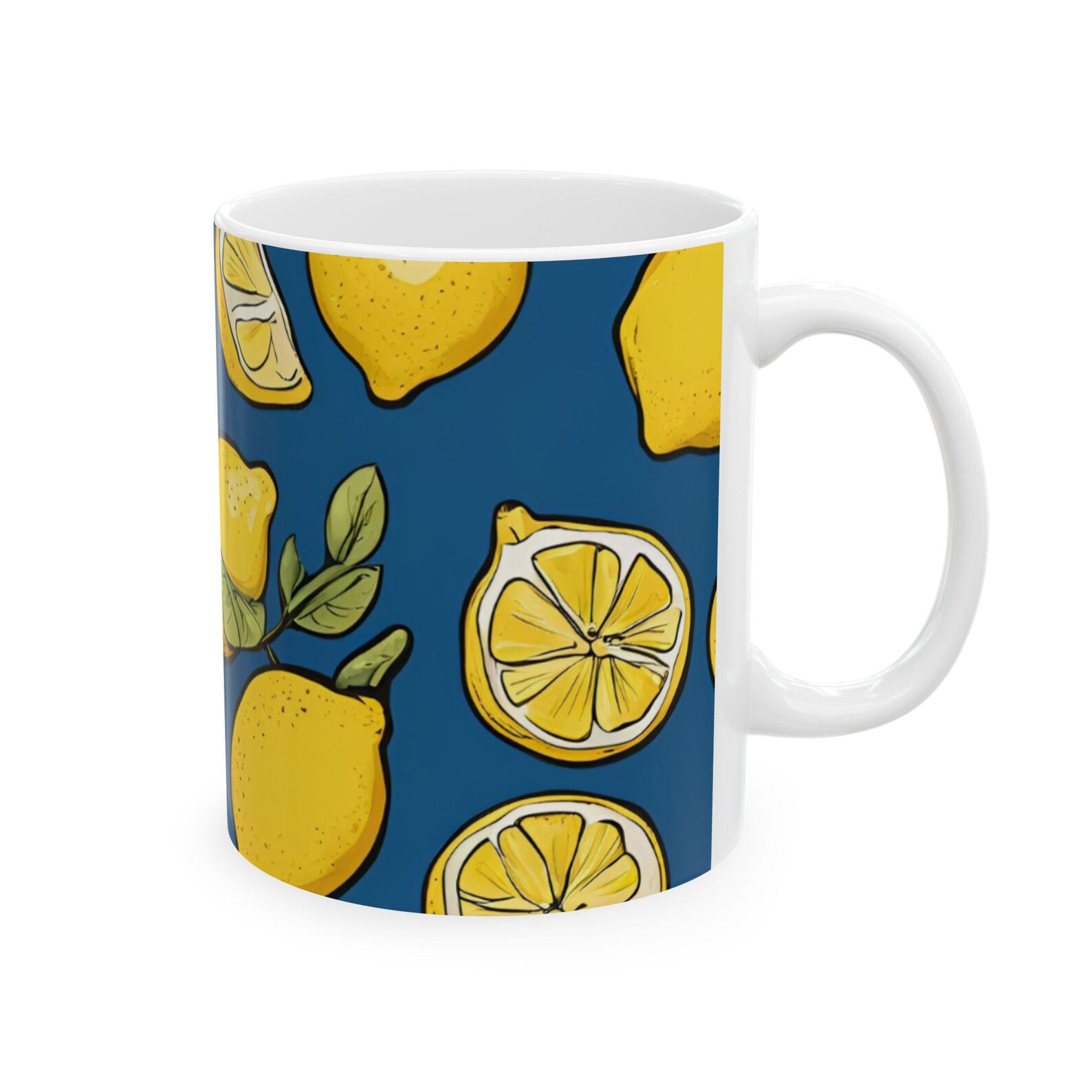 Ceramic Mug, Cute Cartoon Yellow Lemons With Blue Background, Lemon ...