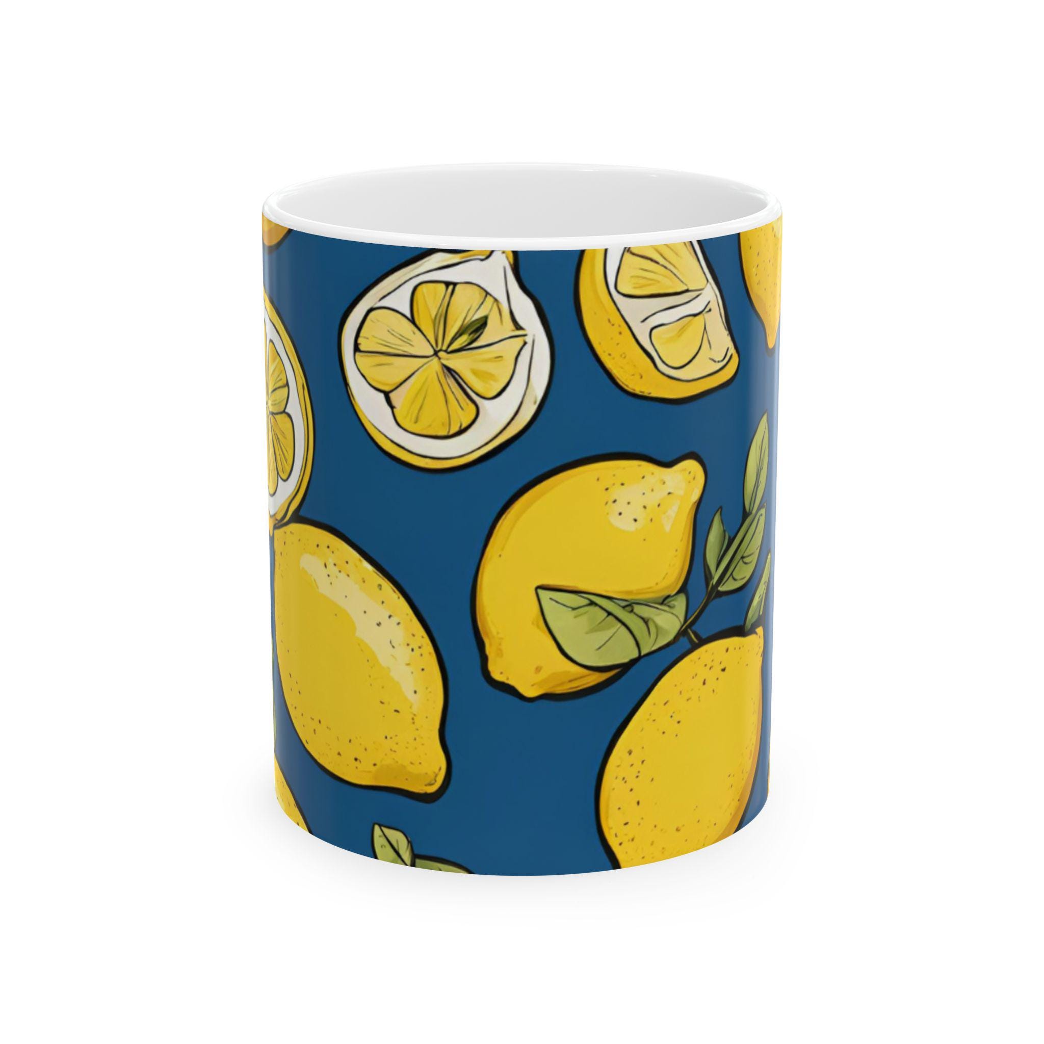 Ceramic Mug, Cute Cartoon Yellow Lemons With Blue Background, Lemon ...