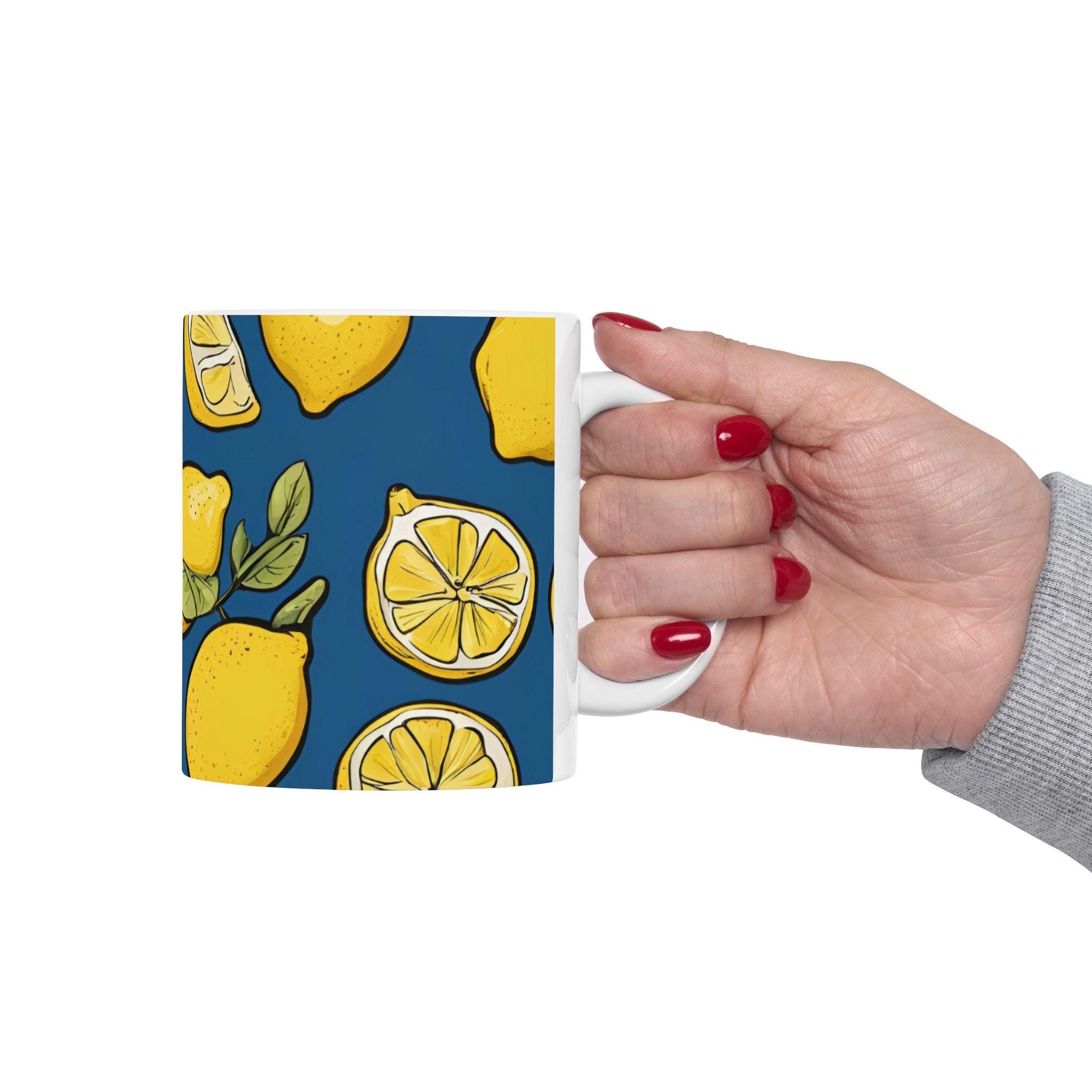 Ceramic Mug, Cute Cartoon Yellow Lemons With Blue Background, Lemon ...