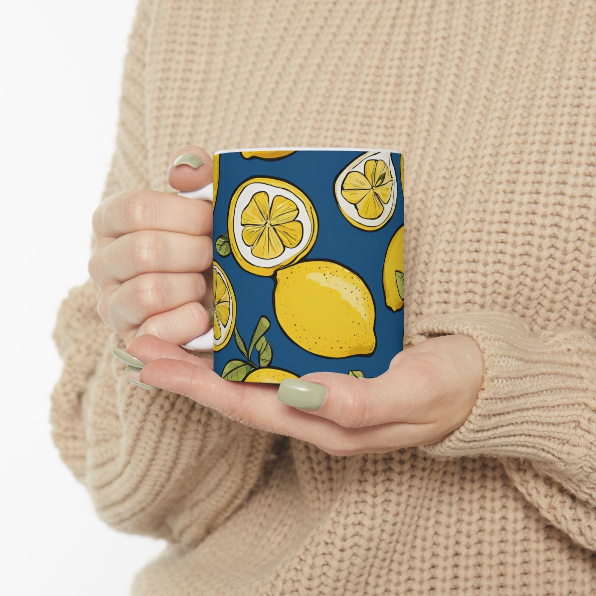 Ceramic Mug, Cute Cartoon Yellow Lemons With Blue Background, Lemon ...