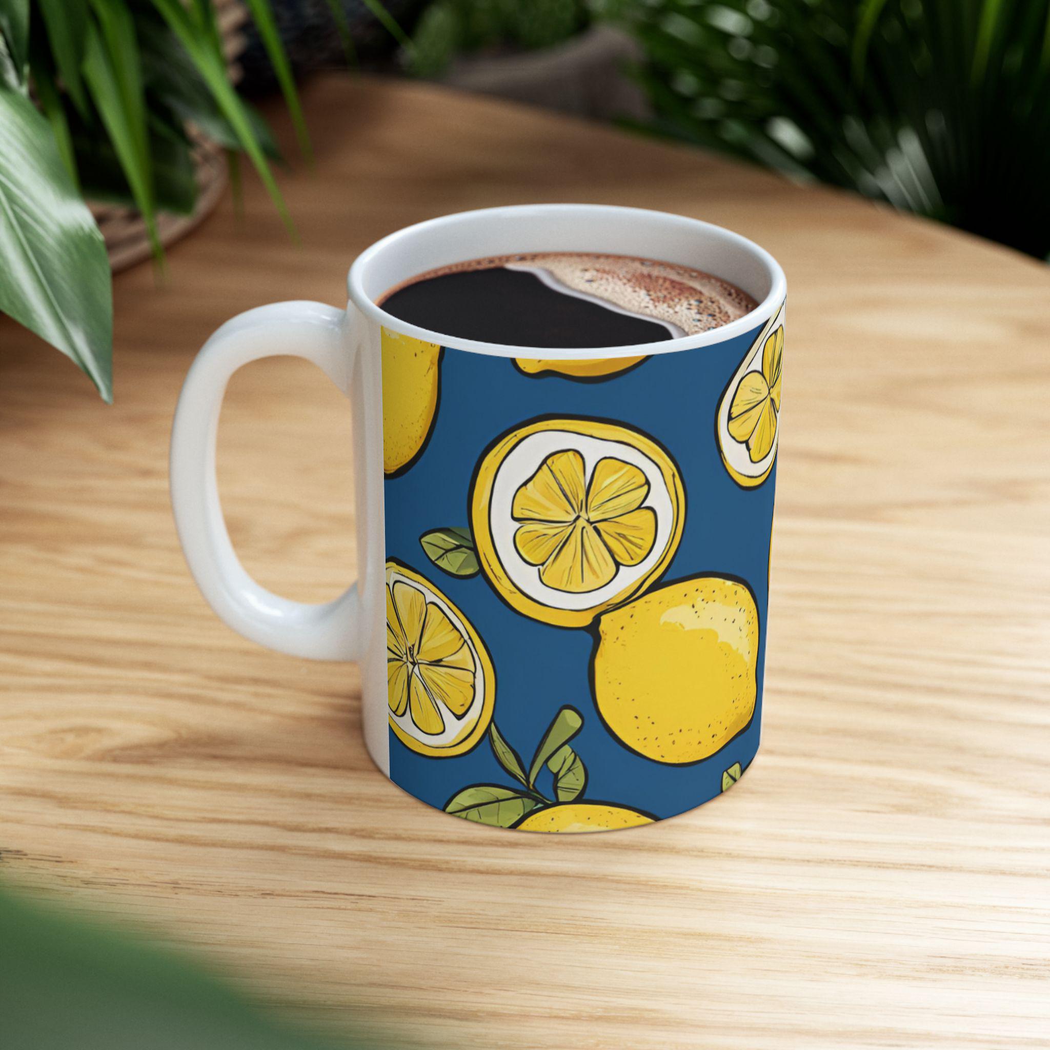 Ceramic Mug, Cute Cartoon Yellow Lemons With Blue Background, Lemon ...