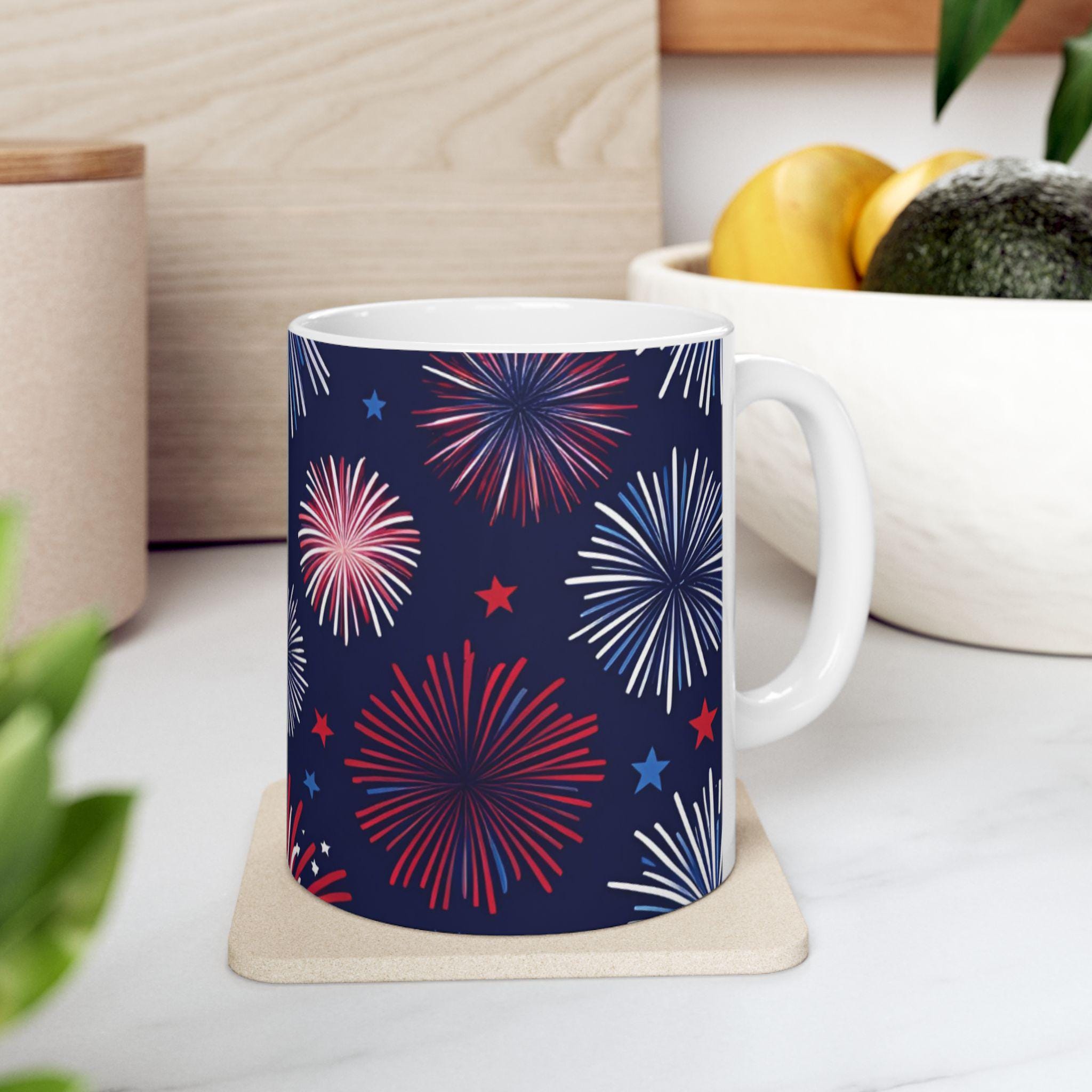Patriotic Ceramic Mug, 4th of July Firework Pattern, Red White Blue ...