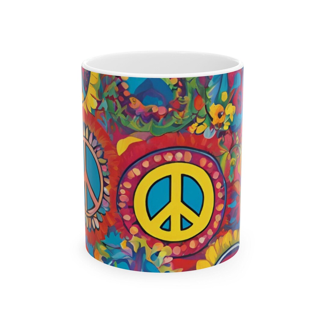 Colorful Peace Sign Ceramic Mug, Cute Hippie Coffee Cup, Boho Tea Mug ...