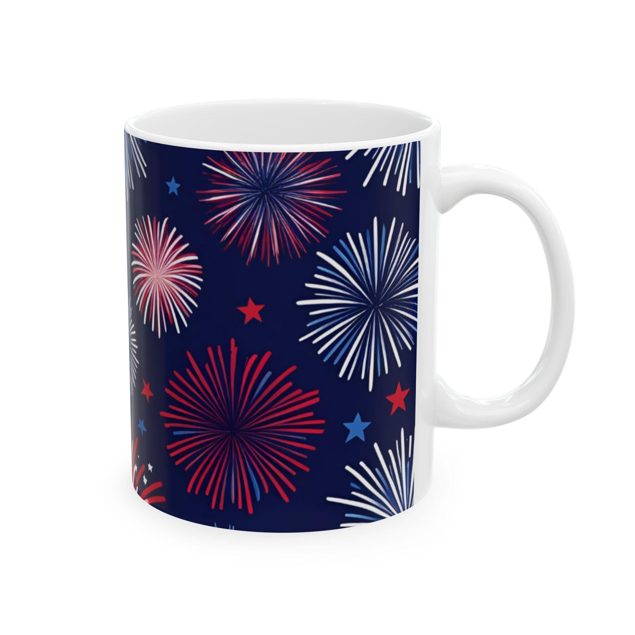 Patriotic Ceramic Mug, 4th of July Firework Pattern, Red White Blue ...