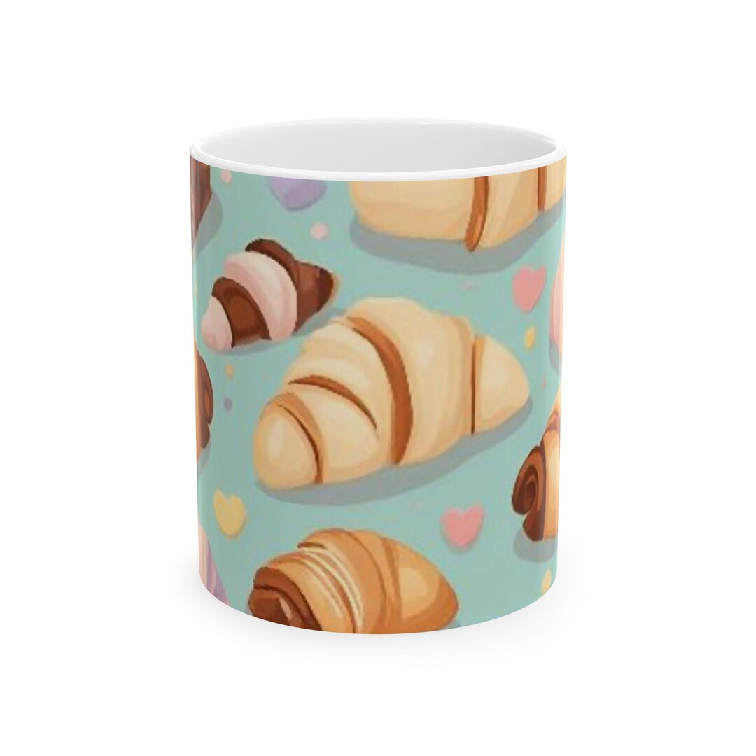 Pastel Croissants Mug, Cute Cartoon Breakfast Tea Cup, Coffee Lover ...