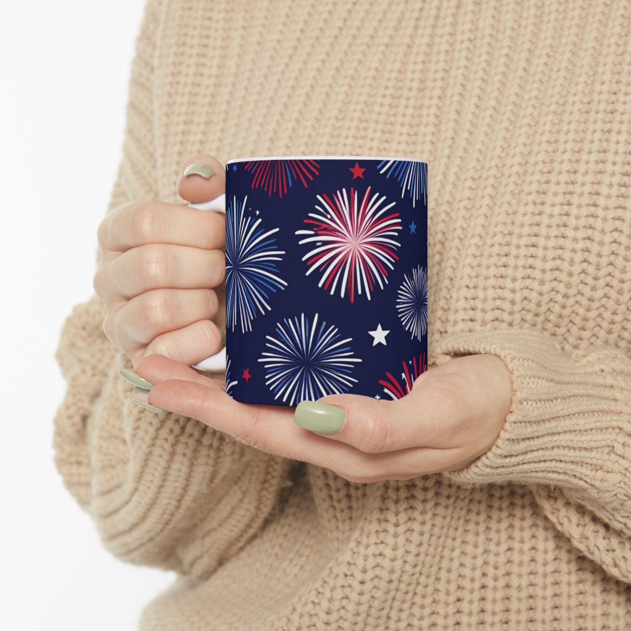 Patriotic Ceramic Mug, 4th of July Firework Pattern, Red White Blue ...